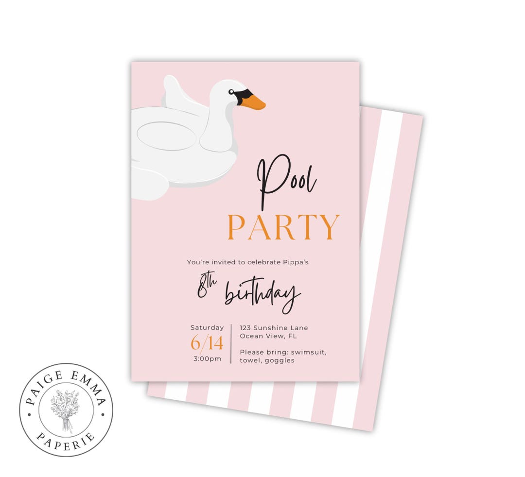 Cute Pool Party Invitation, Pretty Pink Invite for Swimming Birthday ...