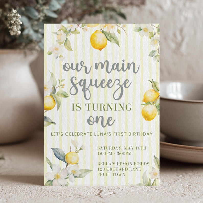 Lemon First Birthday Invitation: Editable Canva Template (digital ...