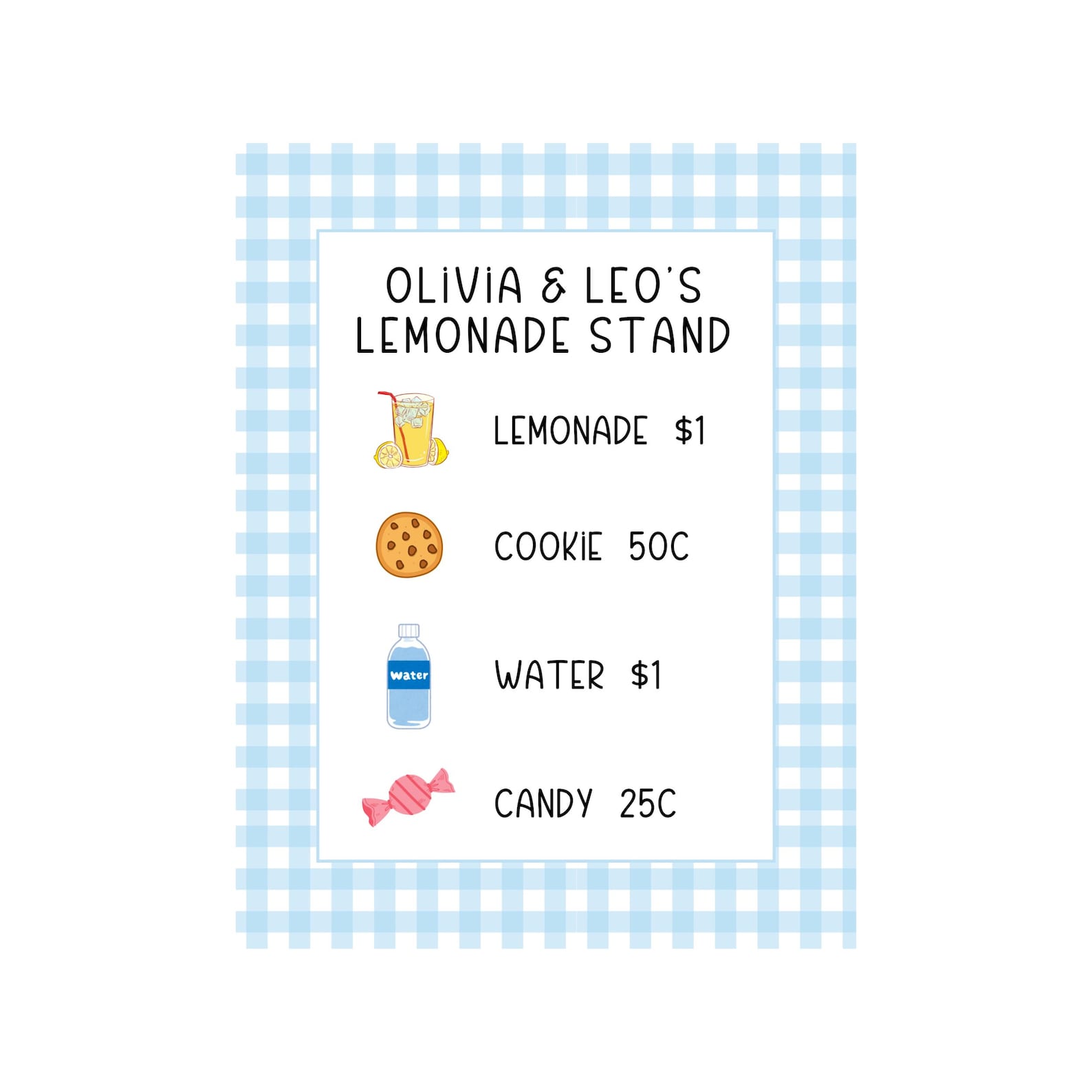 Personalized Lemonade Stand Menu, Blue Gingham Editable and Printable ...