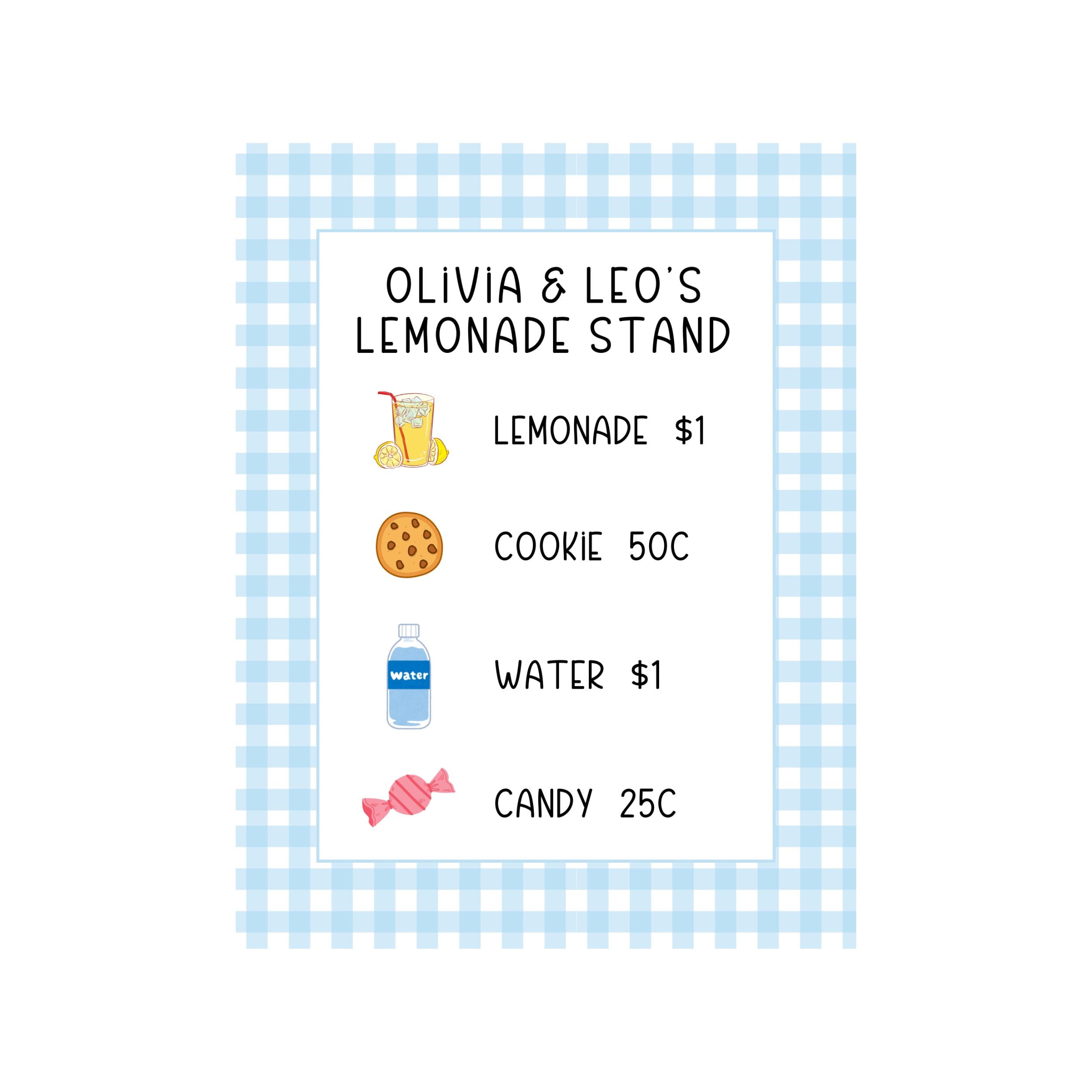 Personalized Lemonade Stand Menu, Blue Gingham Editable and Printable ...