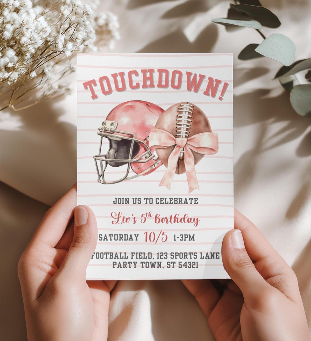 First Birthday Girl Invitation With Touchdown Football Theme and Pink ...