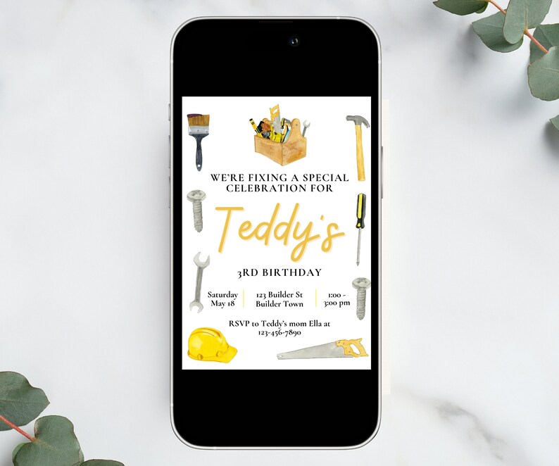 Cute Yellow Construction Birthday Party Invitation for Toddler Boy, Fun ...