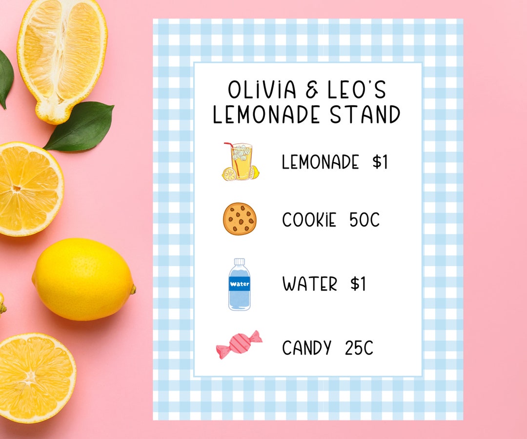 Personalized Lemonade Stand Menu, Blue Gingham Editable and Printable ...