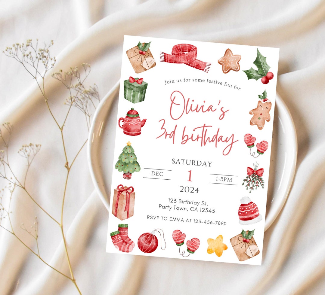 Christmas Birthday Party Invitation, Kids Christmas Party Invitation ...