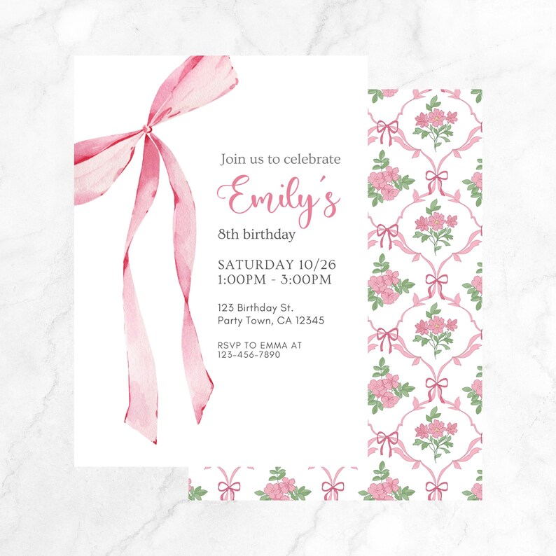 Pink Bow Invitation, Editable Bow Birthday Invitation, Bow Party Theme ...