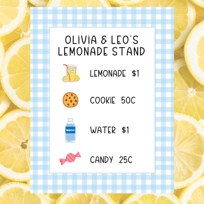 Personalized Lemonade Stand Menu, Blue Gingham Editable and Printable ...