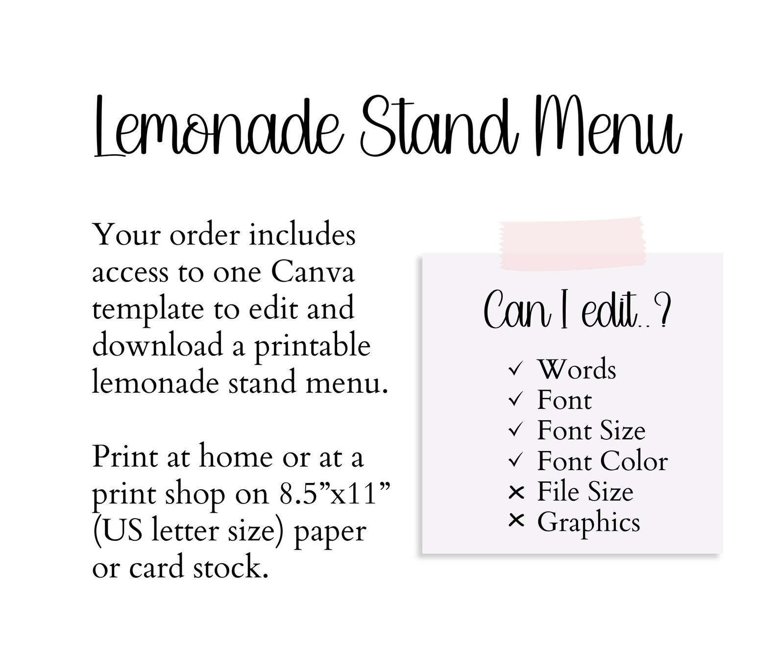 Personalized Lemonade Stand Menu, Blue Gingham Editable and Printable ...