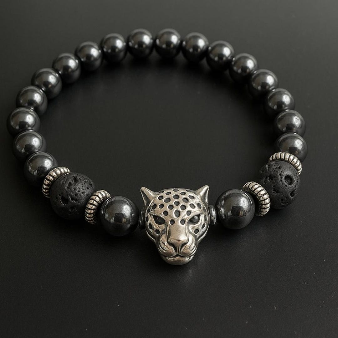 Bracelet Leopard Head Lava Stone & Gold Hematite - Masculine Jewellery ...