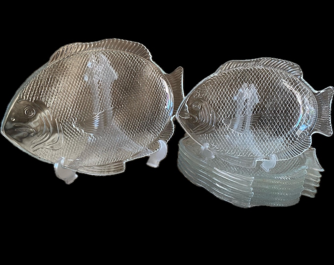 Vintage Anchor Hocking Glass Poisson Fish Shaped Platter and Dishes Set ...