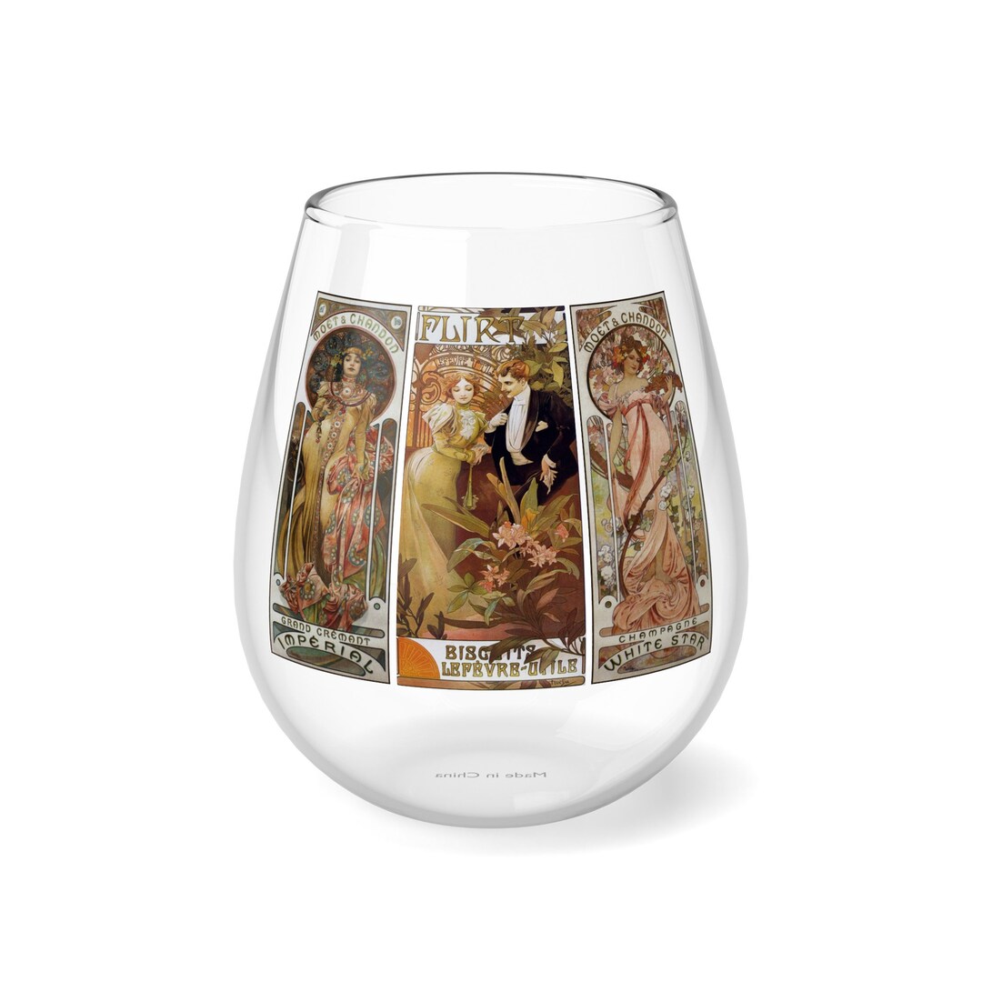 Alphonse Mucha Vintage Wine Champagne Ad, 1890s Stemless Wine Glass, 11 ...