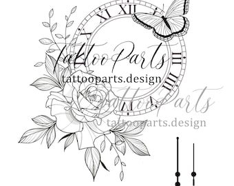 CLOCK SVG, Rose Tattoo, Clock Png, Flower Tattoo DESIGN, Clock Clipart ...