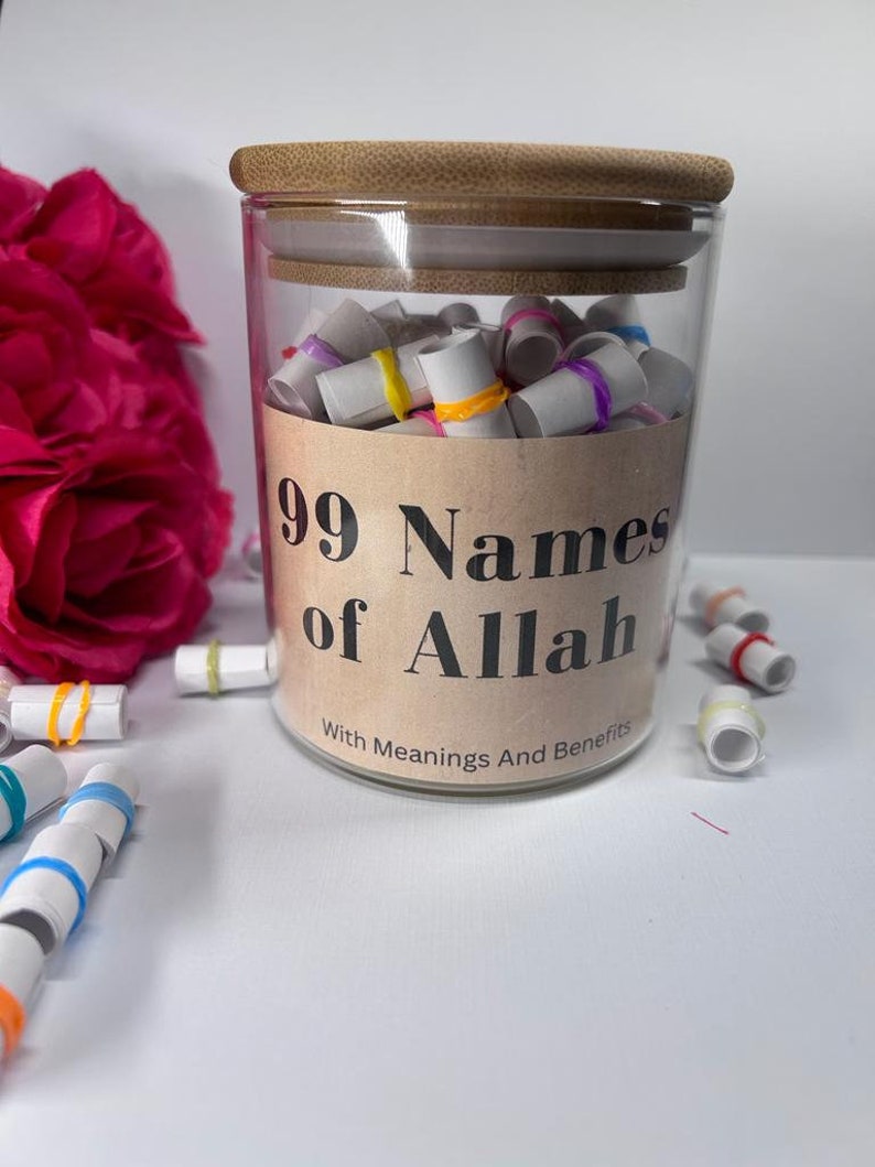 99 Names of Allah With Meaning and Benefits for Learning in A Glass Jar ...