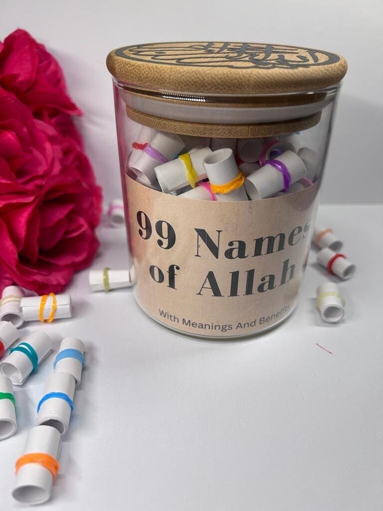99 Names of Allah With Meaning and Benefits for Learning in A Glass Jar ...