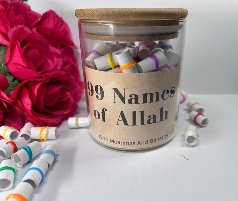 99 Names of Allah With Meaning and Benefits for Learning in A Glass Jar ...