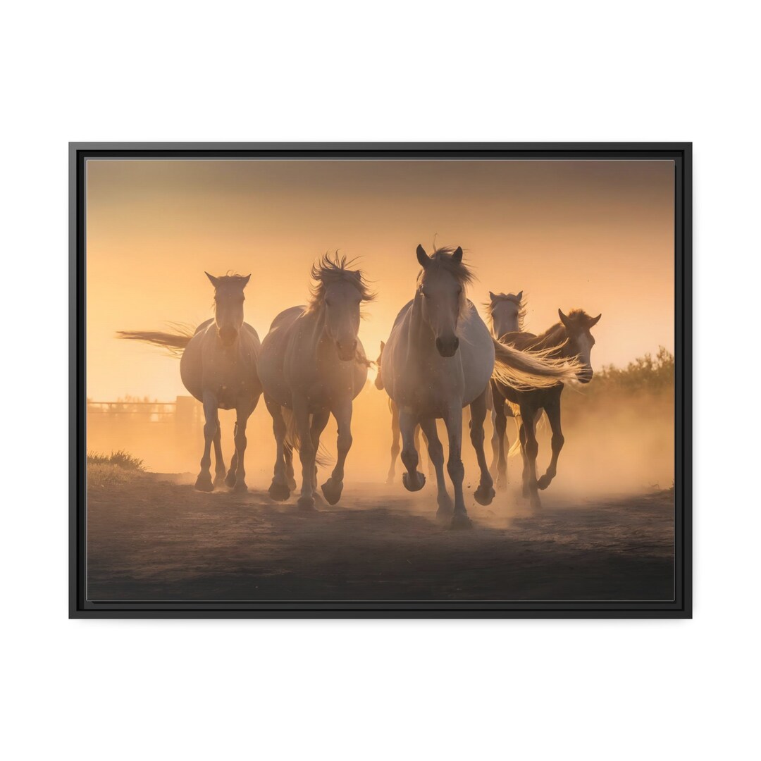Galloping Horses at Sunset Matte Canvas Black Frame Art Print ...