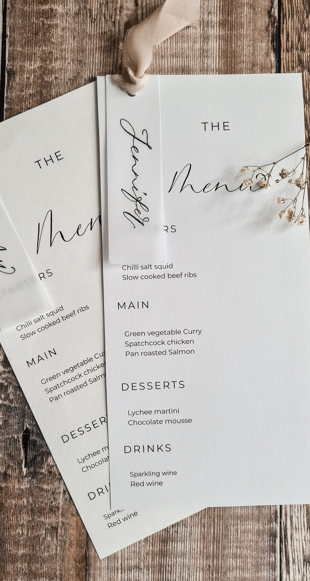 Wedding Menus With Name Tag With Silk Ribbon, Minimalist Wedding Menu ...