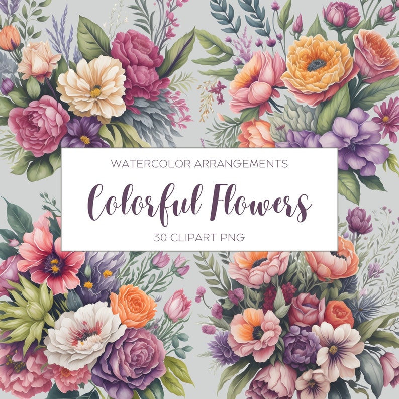 Colorful Watercolor Flowers Clipart Pack, 30 Transparent Pngs, Flower ...