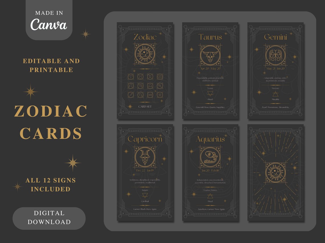 Editable and Printable Zodiac Signs Cards Dark Theme Zodiac Cards ...