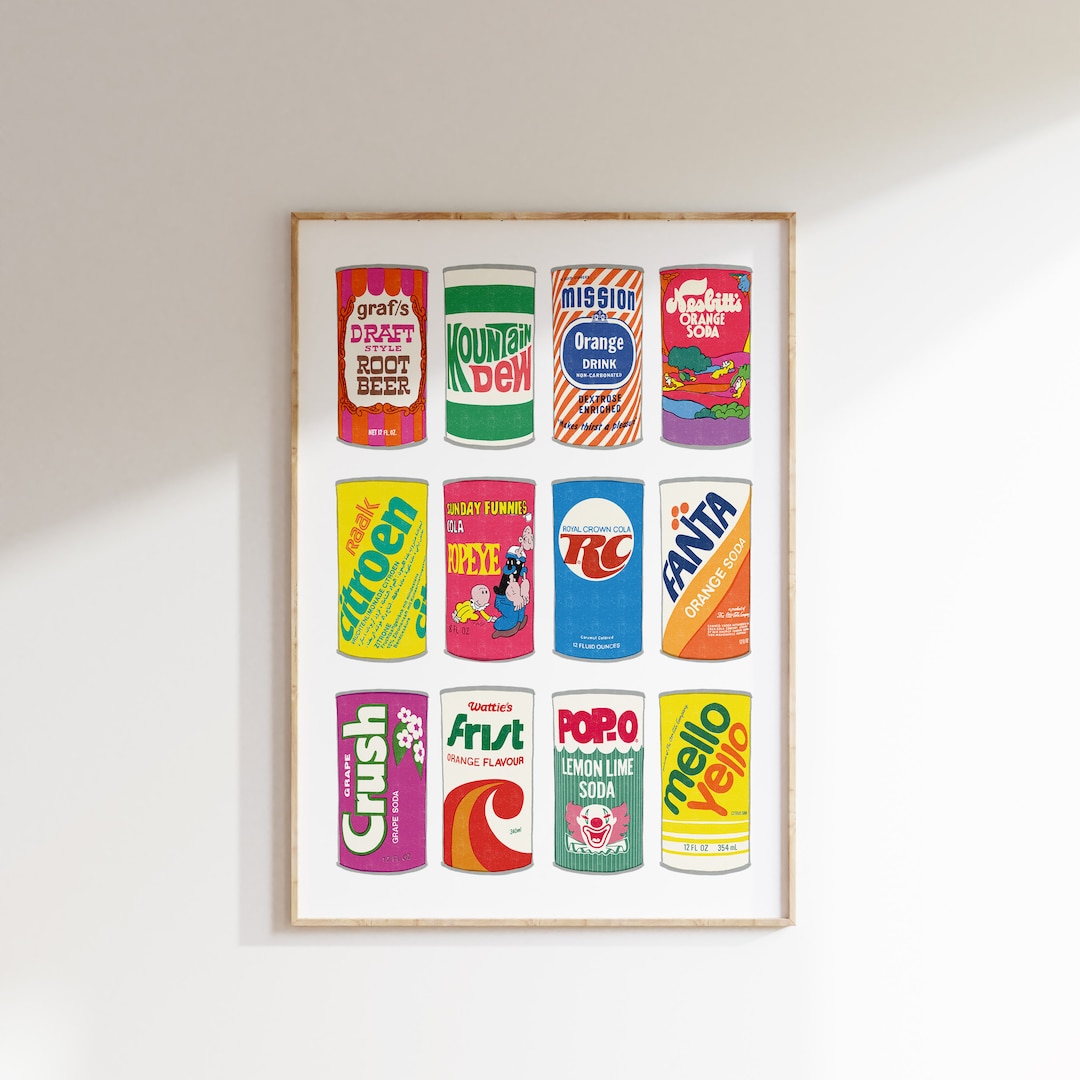 Cans of Vintage Soda Poster • Retro Kitchen Wall Art Print • Sizes ...