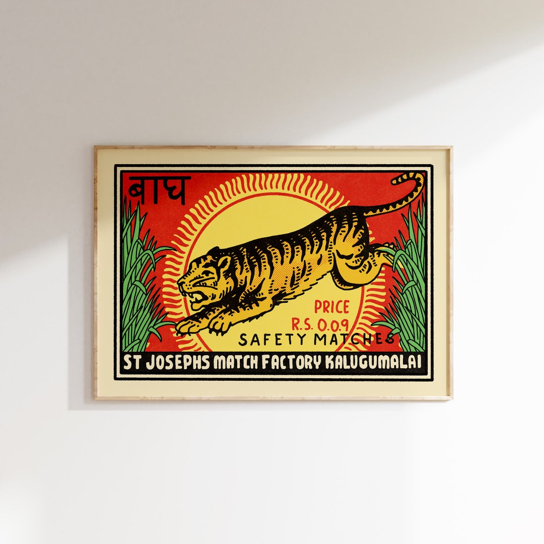 Retro Red & Yellow Tiger Matchbox Poster • Vintage India Art Print ...