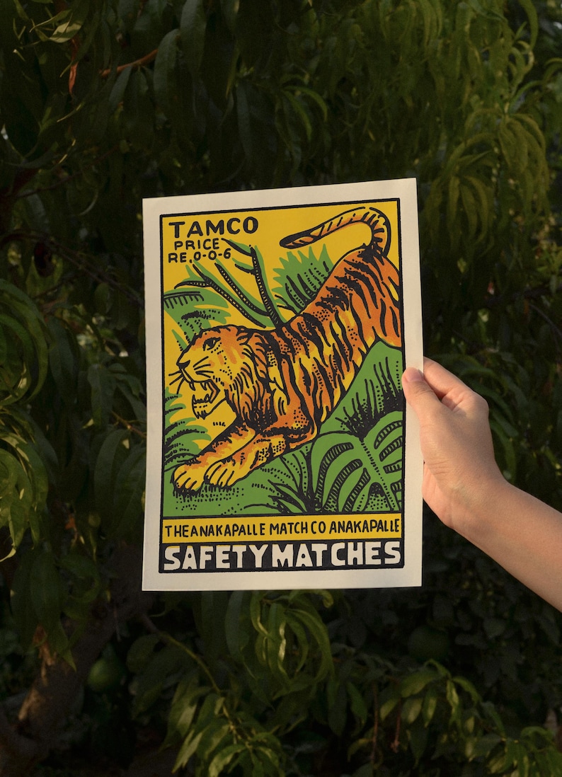 Retro Yellow Tiger Matchbox Poster • Vintage India Art Print • Sizes ...