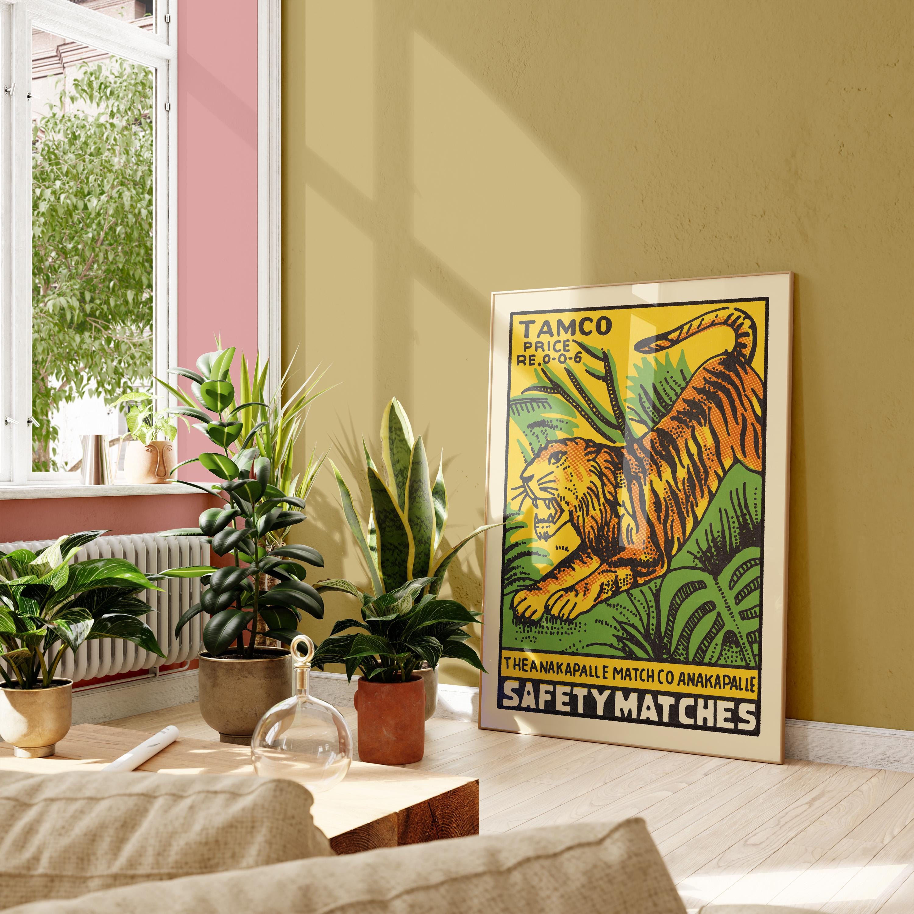 Retro Yellow Tiger Matchbox Poster • Vintage India Art Print • Sizes ...