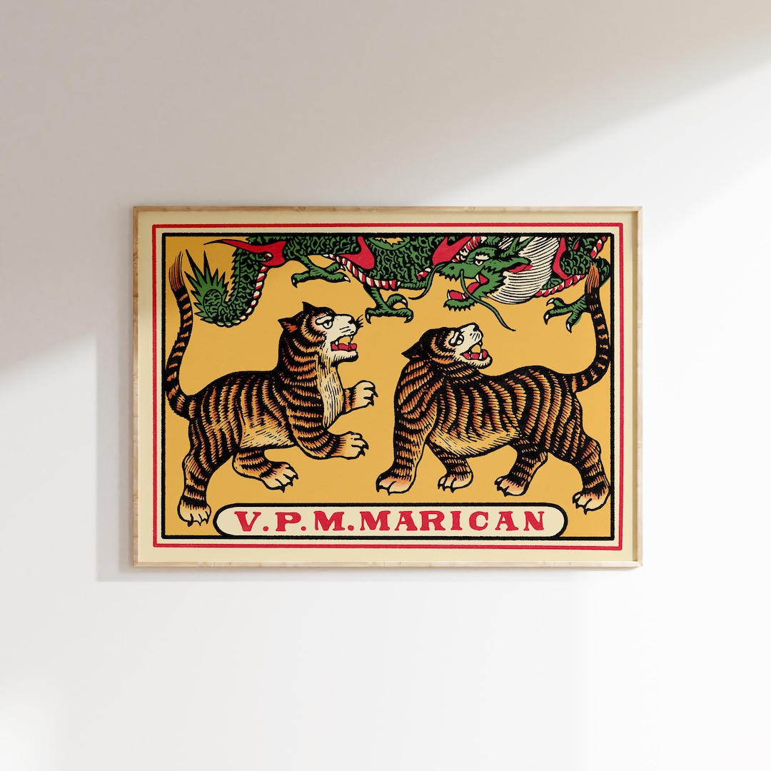 Retro Japanese Matchbox Poster • Tiger & Dragon • Vintage Matchbox ...