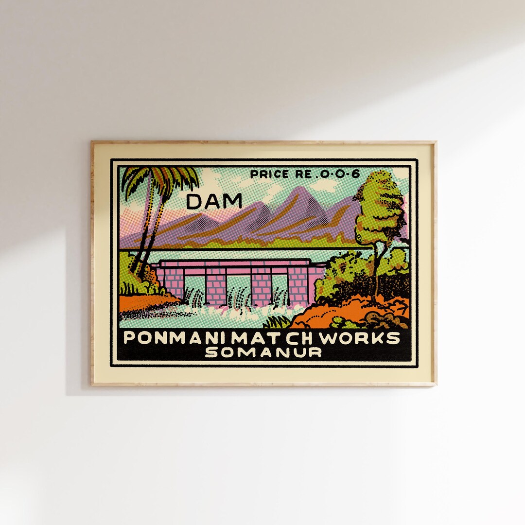 Retro Indian Matchbox Poster • Dam • Vintage Matchbox Poster, Colorful ...