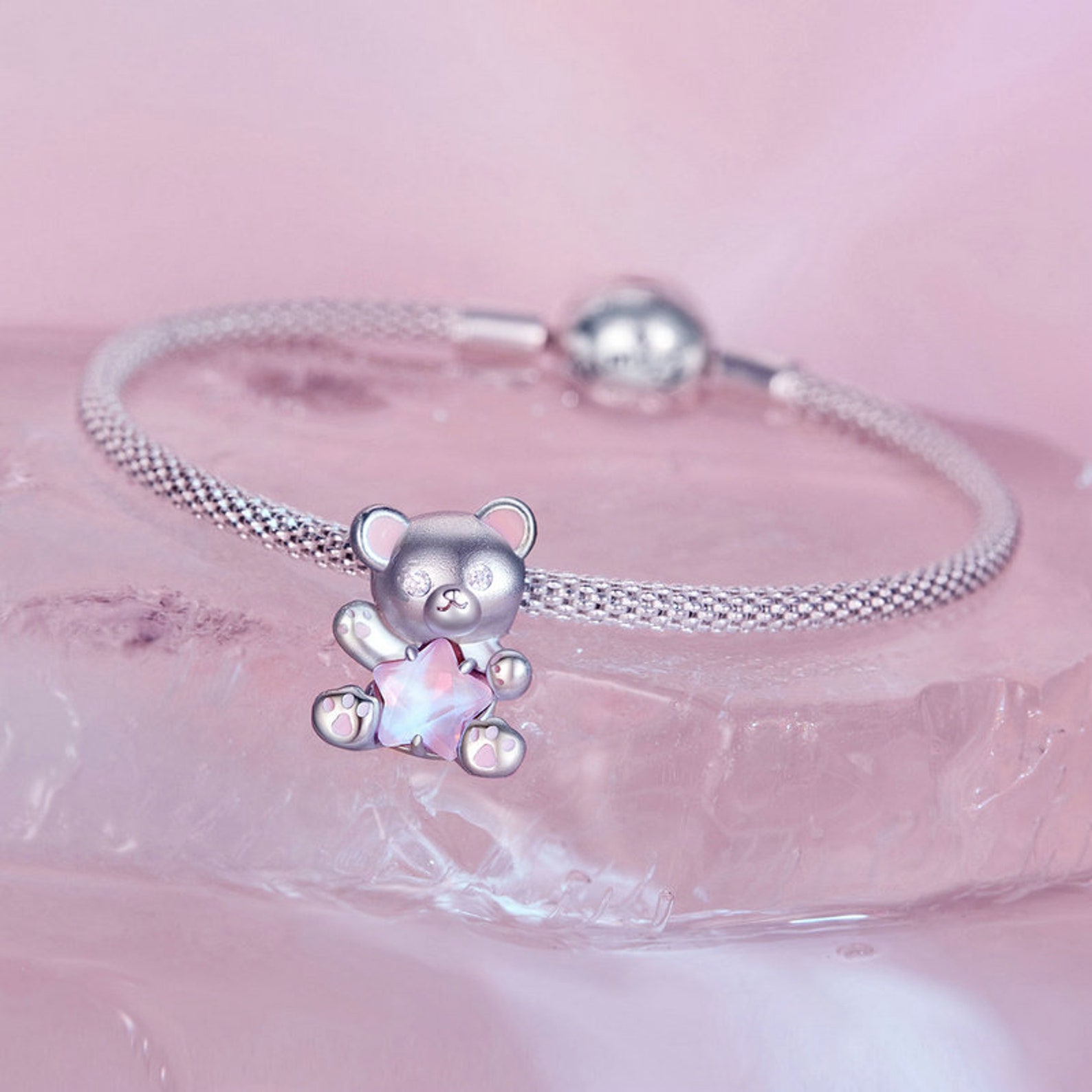 Cute Teddy Bear Charm Bead Pink Star Compatible With Pandora - Etsy