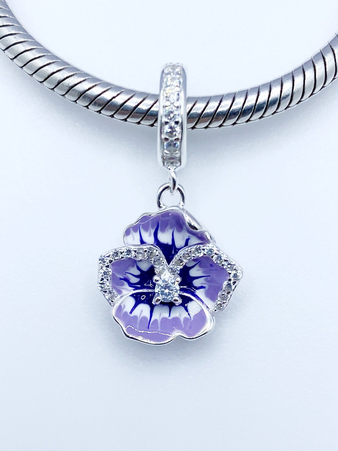 Purple Pansy Flower Charm Bead With Cubic Zirconia Compatible With ...