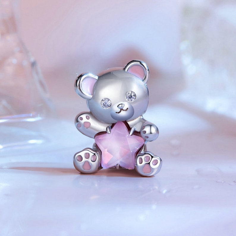 Cute Teddy Bear Charm Bead Pink Star Compatible With Pandora - Etsy