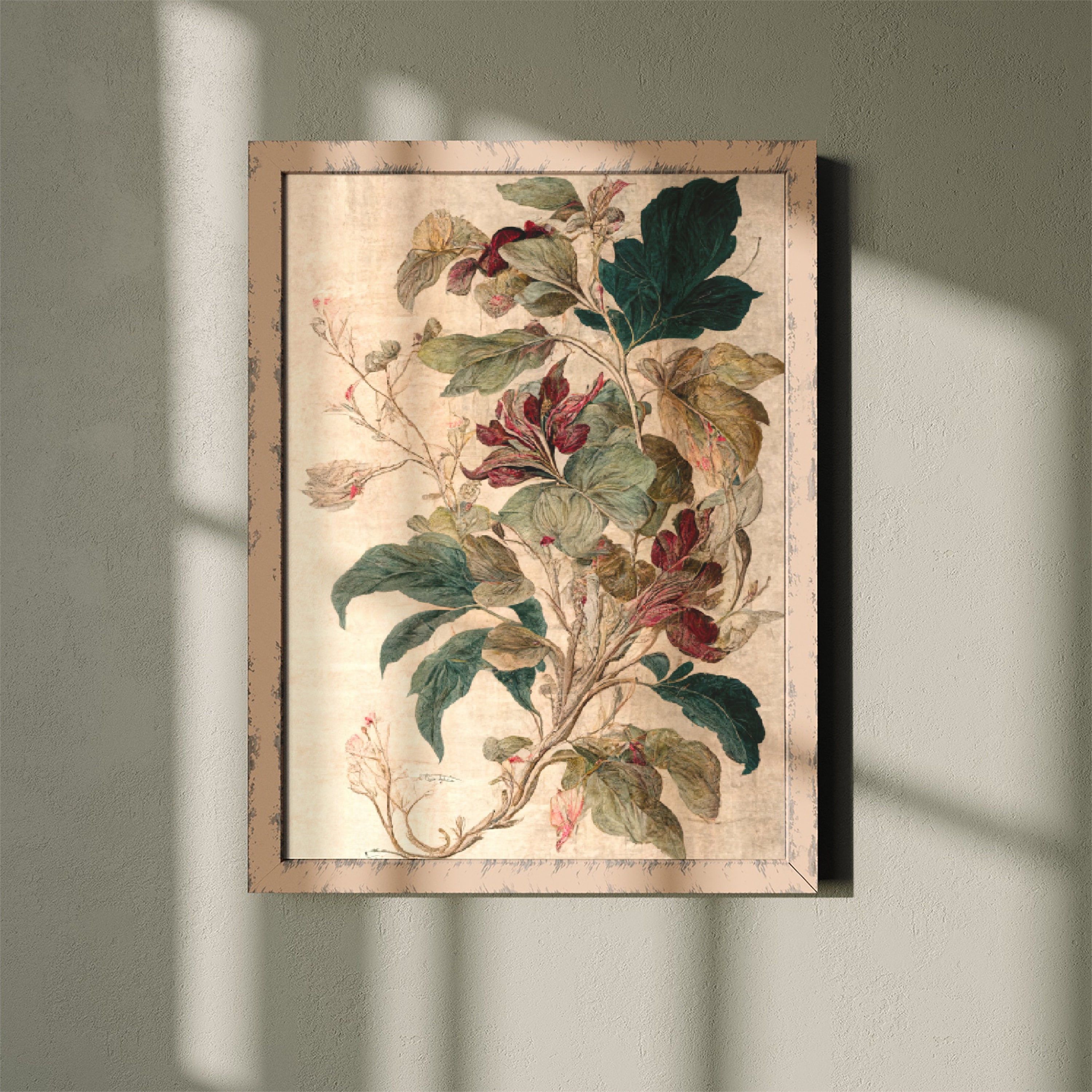 Antique Botanical Tapestry Print on Beige Linen | Green Red Floral ...