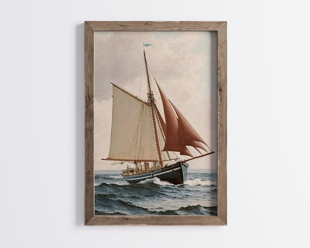 Antique Nautical Print: Sailing Ship Blue Sky White Clouds | Sea Boat ...