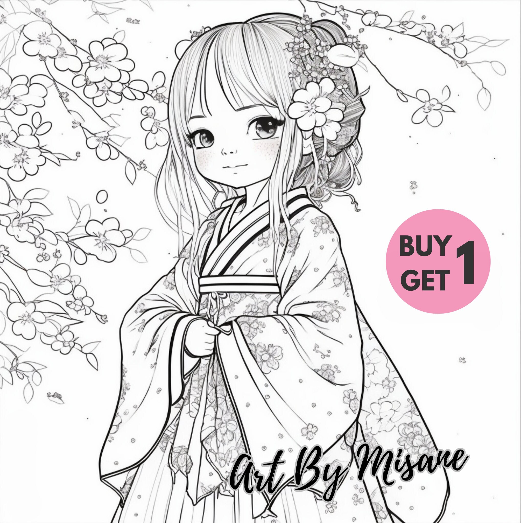 Little Japanese Girl | Coloring Page for Adult | Grayscale Coloring ...
