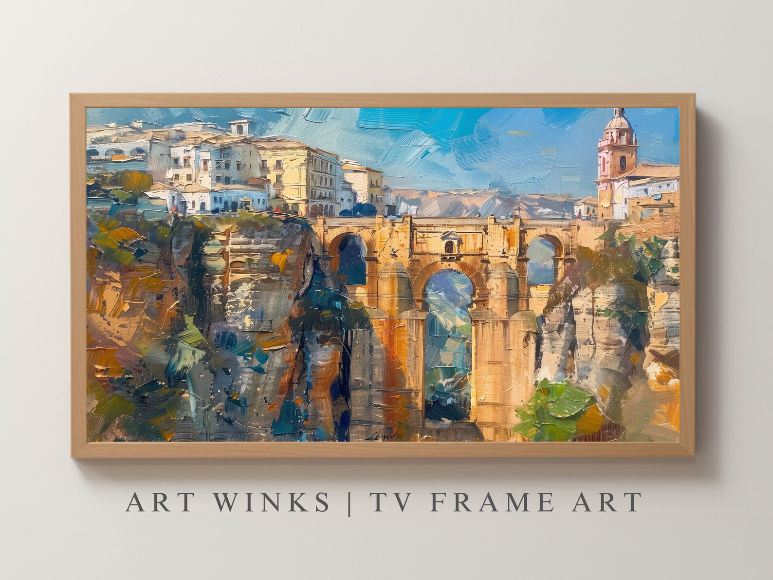 Frame TV Art, Ronda's Majestic Bridge: Vibrant Spanish Cityscape Oil ...