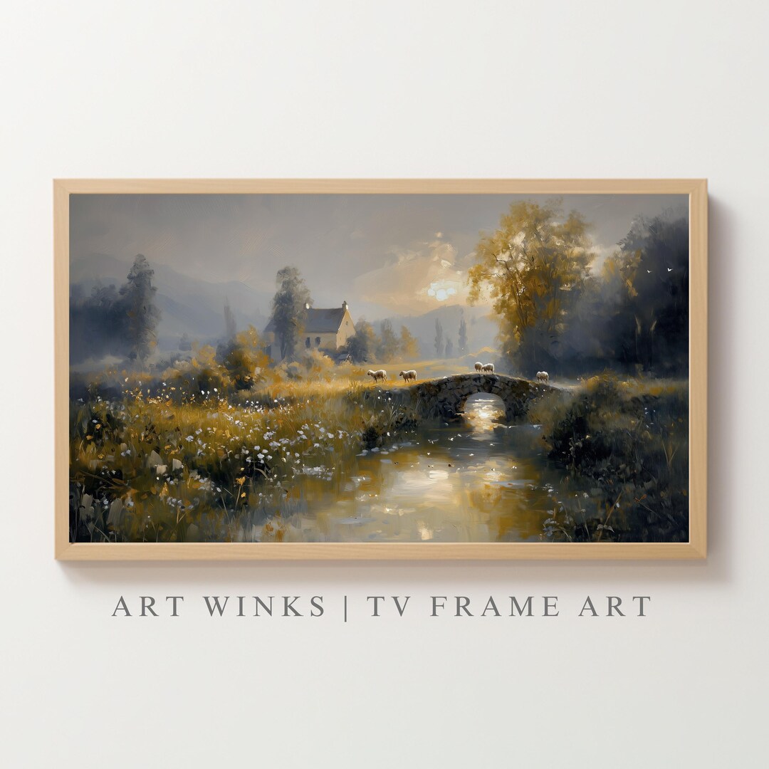 Vintage Dawn Frame TV Art, Moody Landscape With Cottage & Bridge, Moody ...