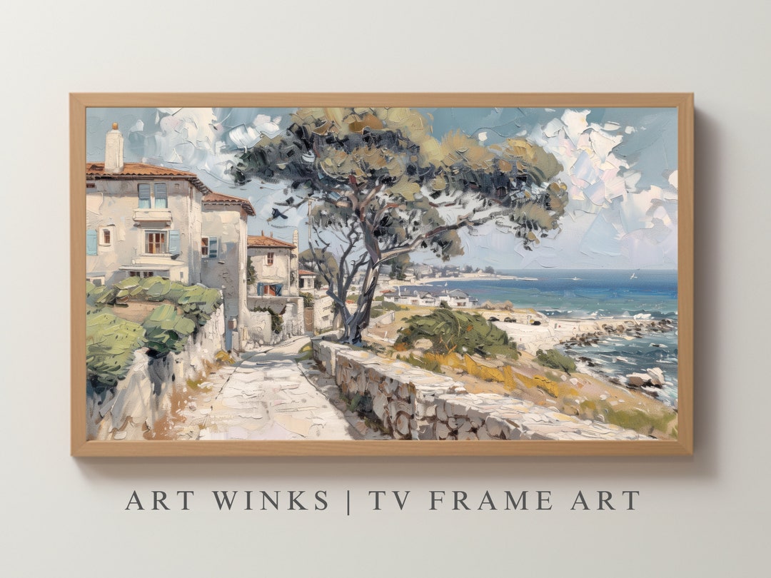 Frame TV Art, Sun-drenched Mediterranean Coastal Village, Impasto Oil ...