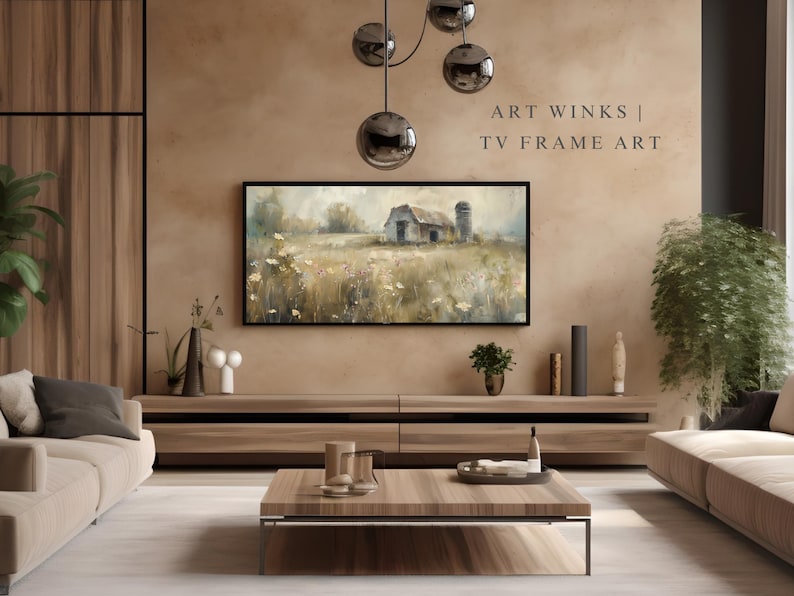 Frame TV Art, Rustic Countryside Barn & Silo in Wildflower Meadow ...