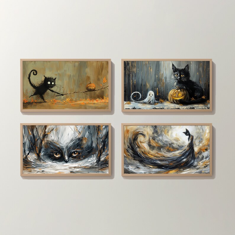 Frame TV Art Set of 20 Spooky Halloween Cat Painting, Black Cats ...