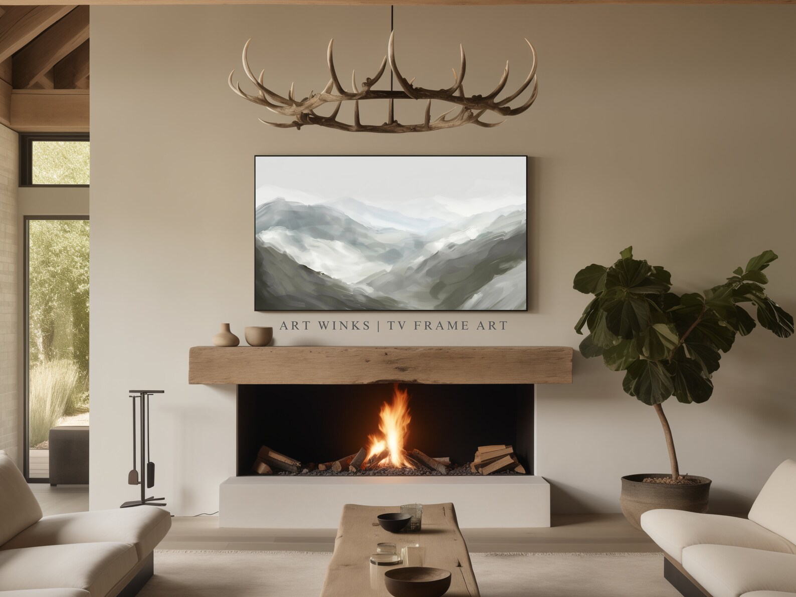 Samsung Frame TV, Ethereal Peaks, Minimalist Mountain in Misty Grays, Abstract Landscape ...
