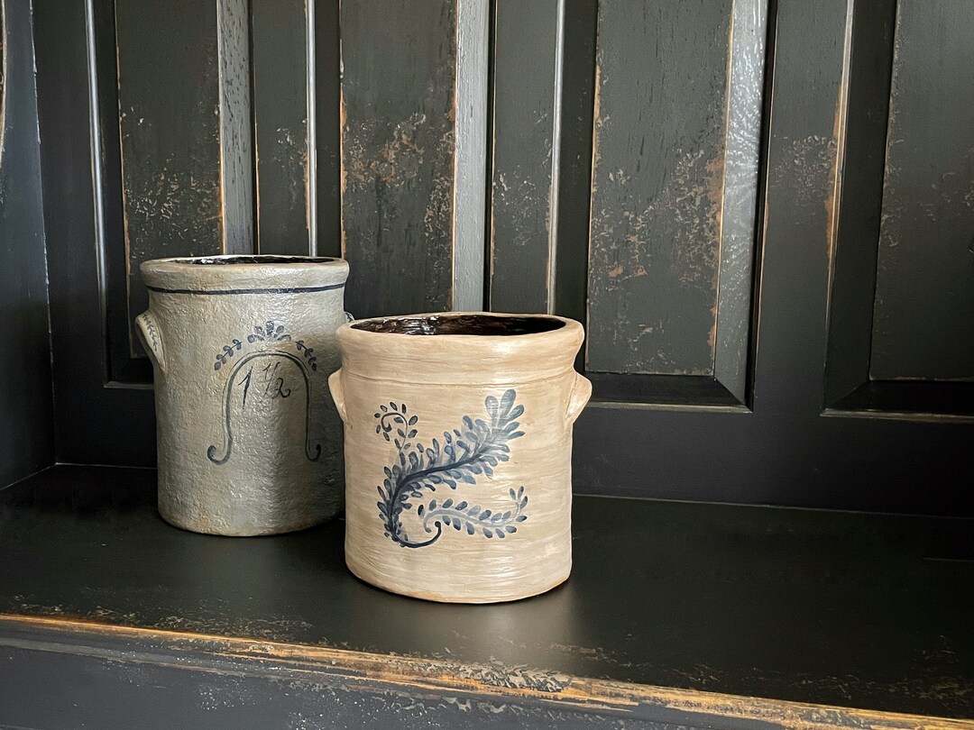 Folk Art, Paper Mache, Antique Style Crock, Colonial Primitive ...