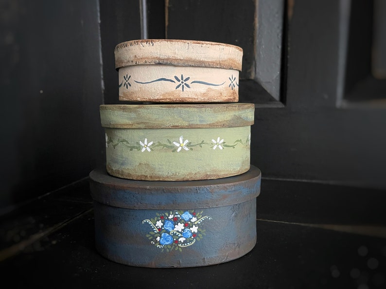 Primitive Paper Mache Oval Boxes Floral Folk Art Mini Storage Box Set ...