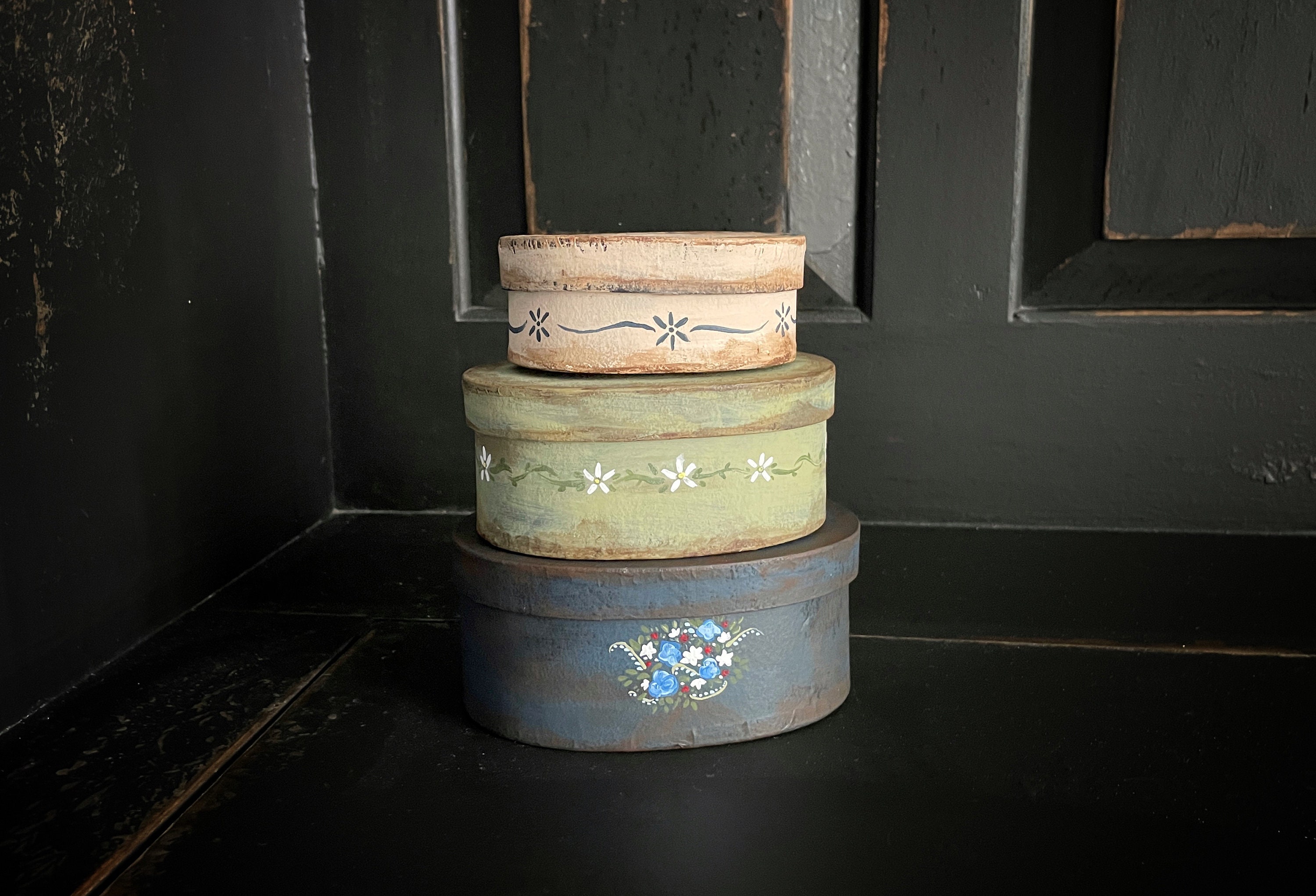 Primitive Paper Mache Oval Boxes Floral Folk Art Mini Storage Box Set ...