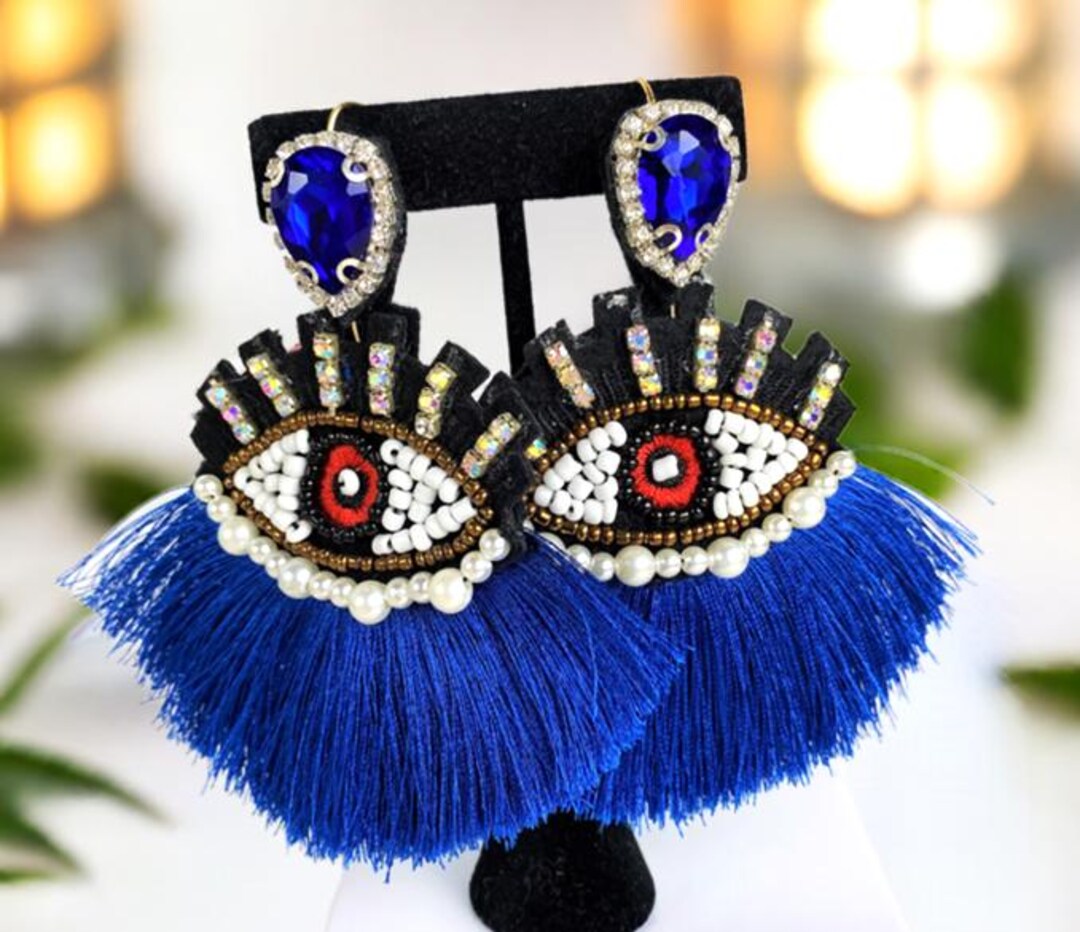 Handmade Rhinestone Evil Eye Tassel Earrings - Etsy