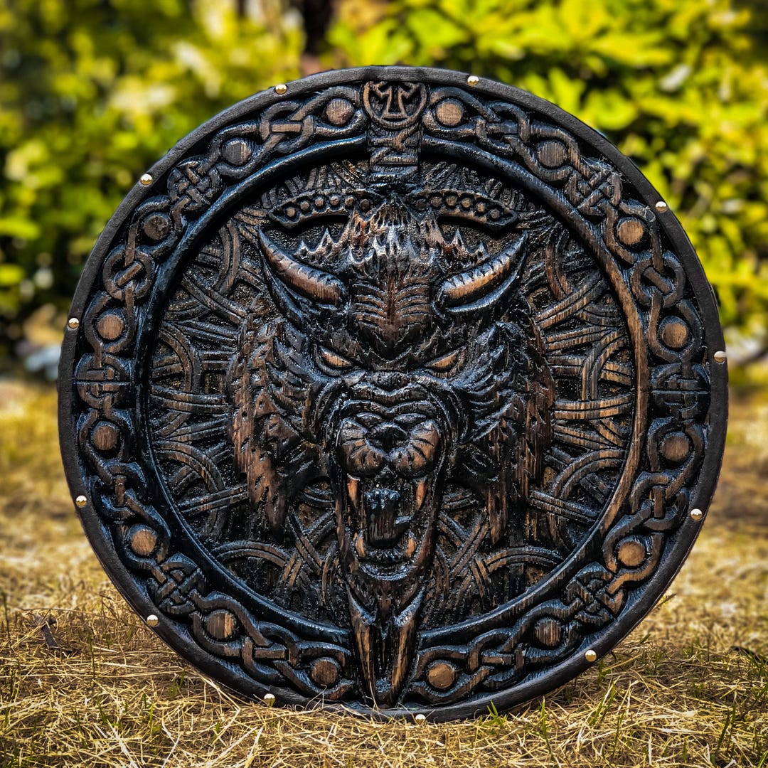 Fenrir Viking Shield, Medieval Wolf Carved Vikings Shield Wood Wall Art ...