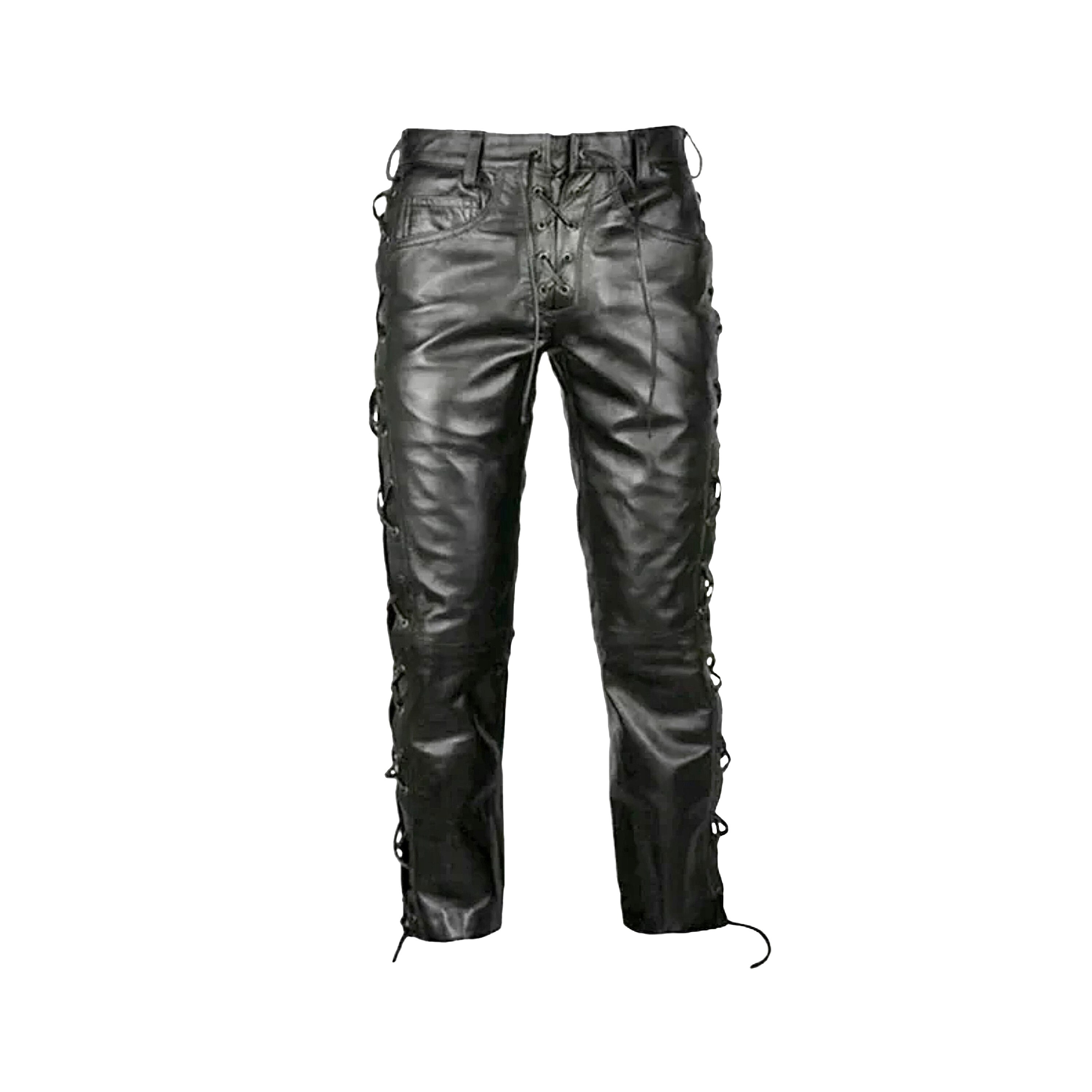 Vintage Style 100% Real Leather Men's Pants With Side Lace-up Detailing ...