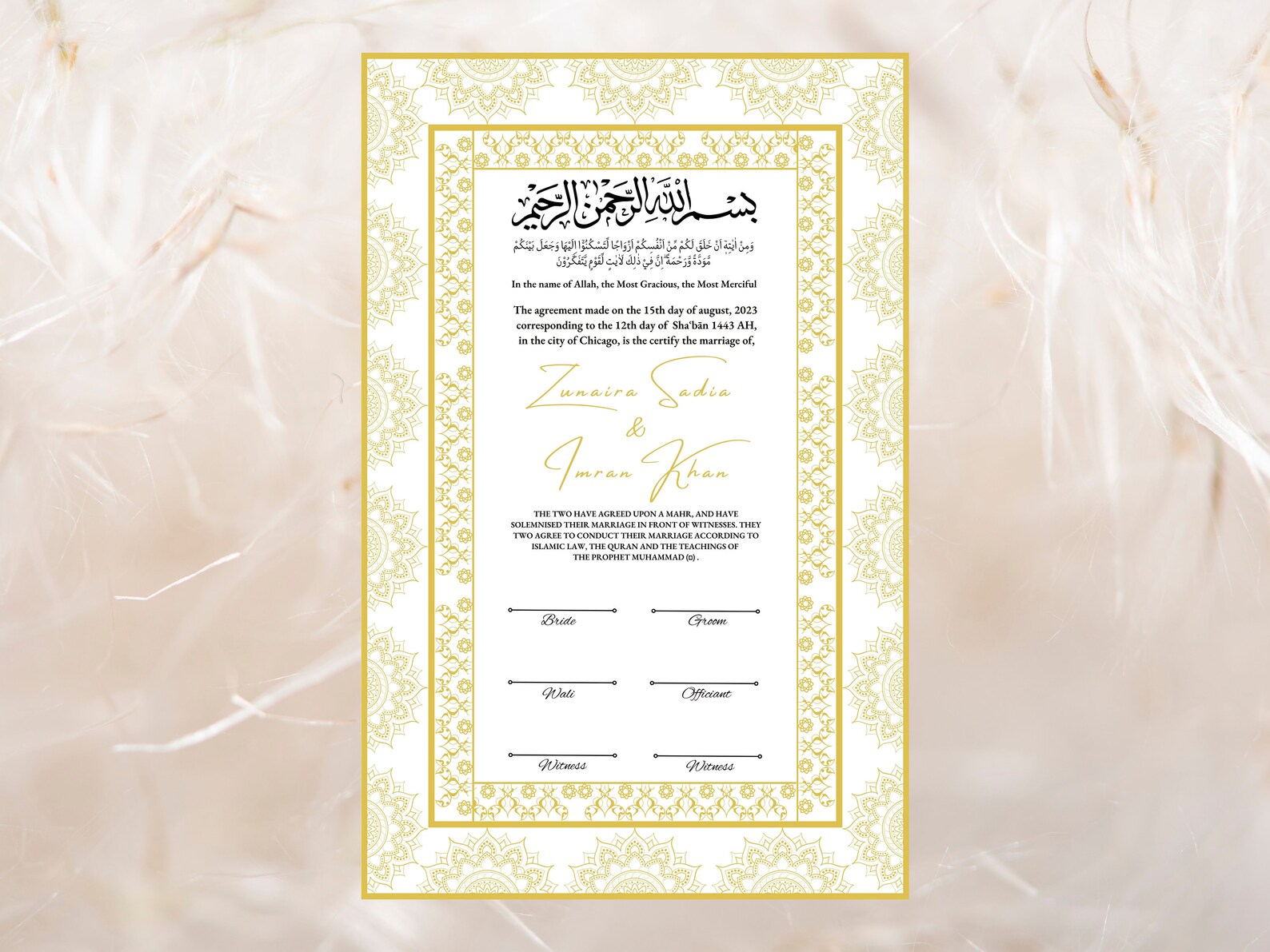 Nikkah Certificate Gold, Luxury Nikkah Contract, Editable Nikah Nama ...