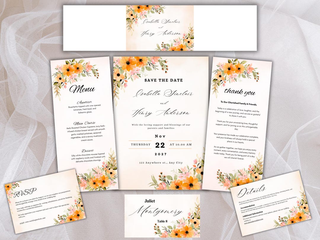 Elegant Wedding Stationery Bundle, Editable Template, Menu, Thank You ...