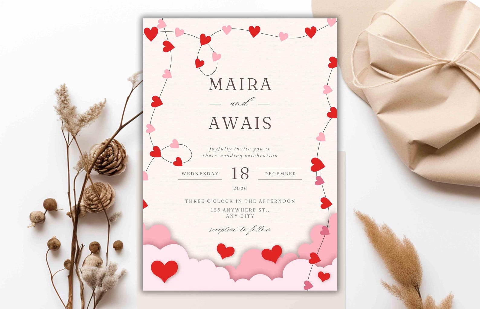 Romantic Wedding Invitation Template, Wedding Invitations Valentine ...