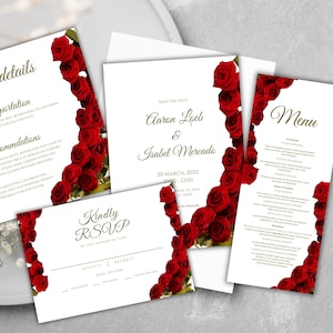 Red Rose Wedding Invitation Set, Red Rose RSVP, Dark Red Floral ...